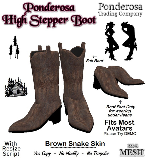 Second Life Marketplace - High Stepper Boot [MESH] Brown Snake Skin